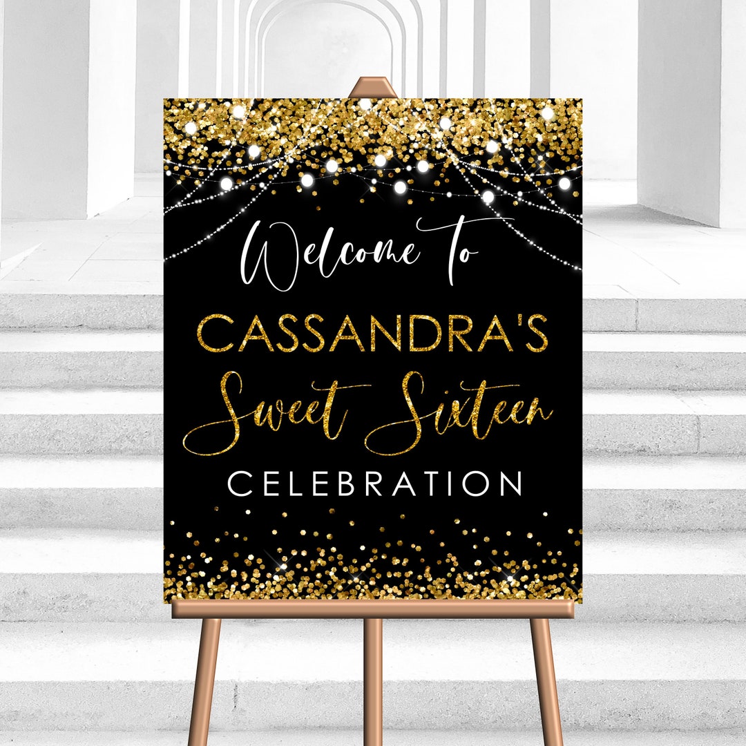 Editable Gold Black Welcome Sign Birthday Party Gold Glitter Welcome ...