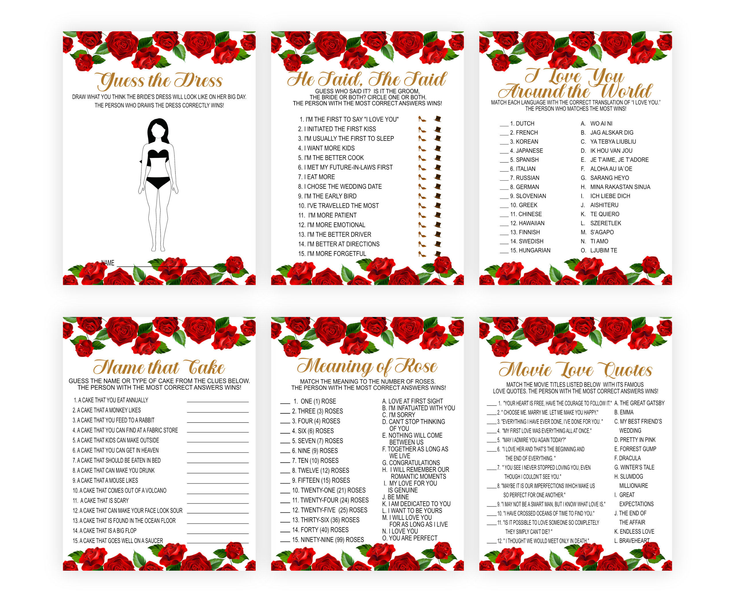 Bridal Shower Games Bundle Pack Red Rose Theme Red Rose - Etsy
