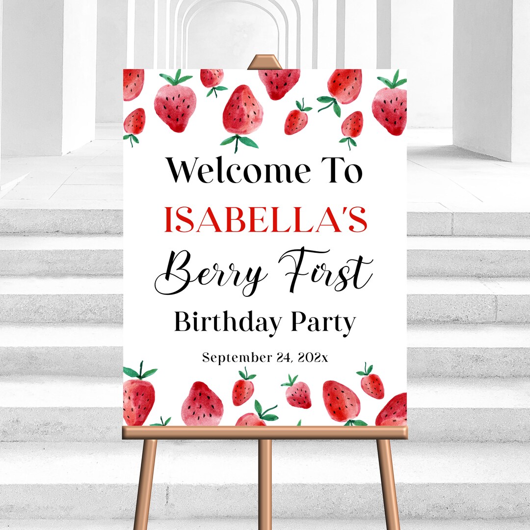 Editable Strawberry Welcome Sign Berry First Birthday Party Sign Decor ...