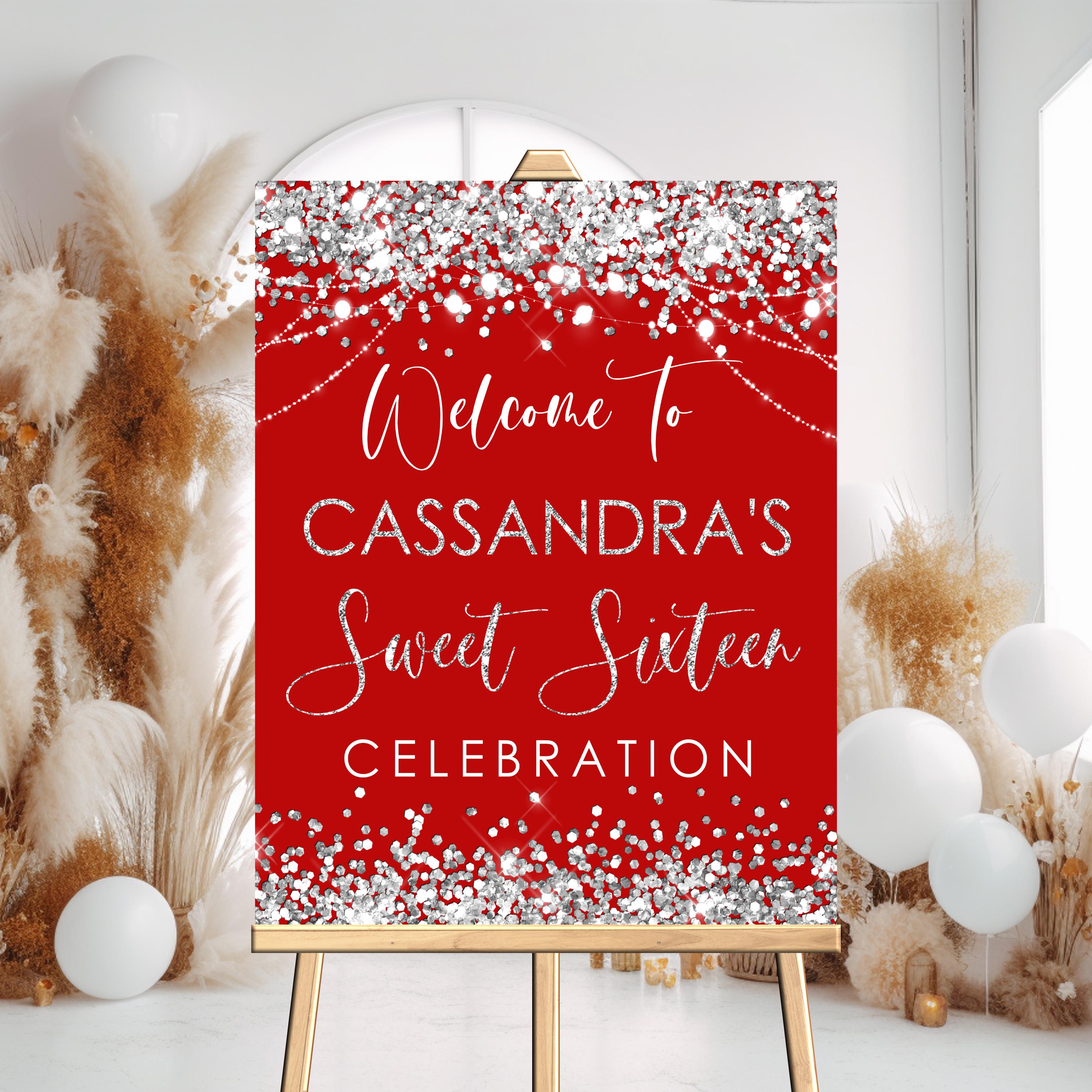 Editable Red Silver Welcome Sign Birthday Party Silver Glitter Welcome ...