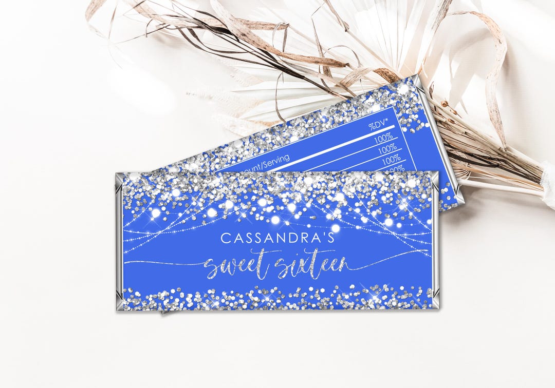 Editable Royal Blue Silver Candy Bar Wrapper Label, Sweet 16 Silver ...