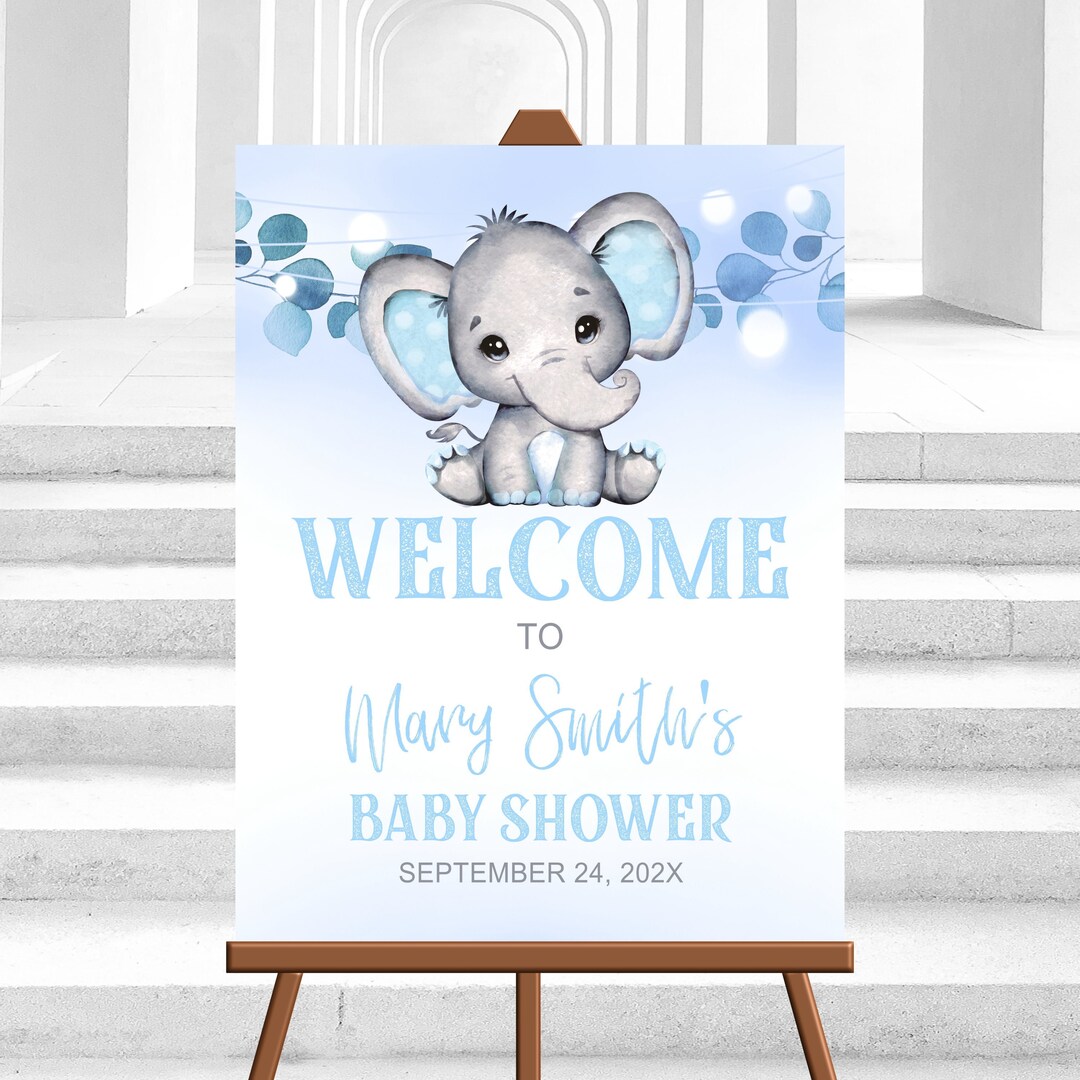 Editable Blue Elephant Welcome Sign Baby Shower Elephant Welcome Sign ...