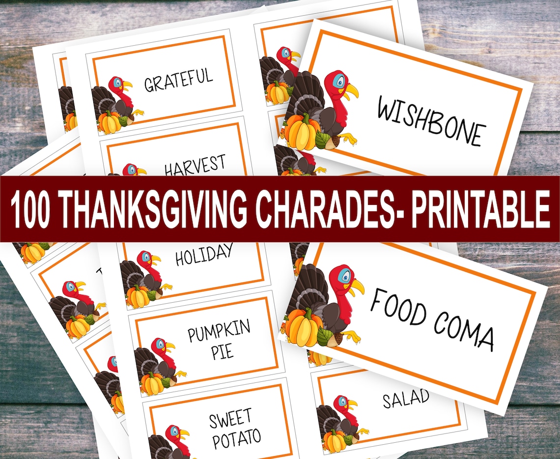 Thanksgiving Charades Printable, Charades Games for Thanksgiving, 100 ...
