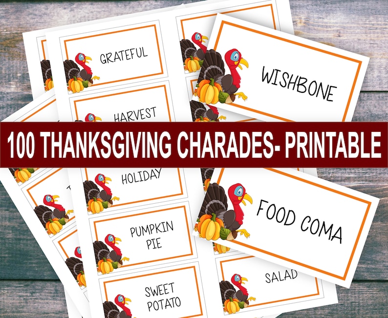 Thanksgiving Charades Printable, Charades Games for Thanksgiving, 100 ...