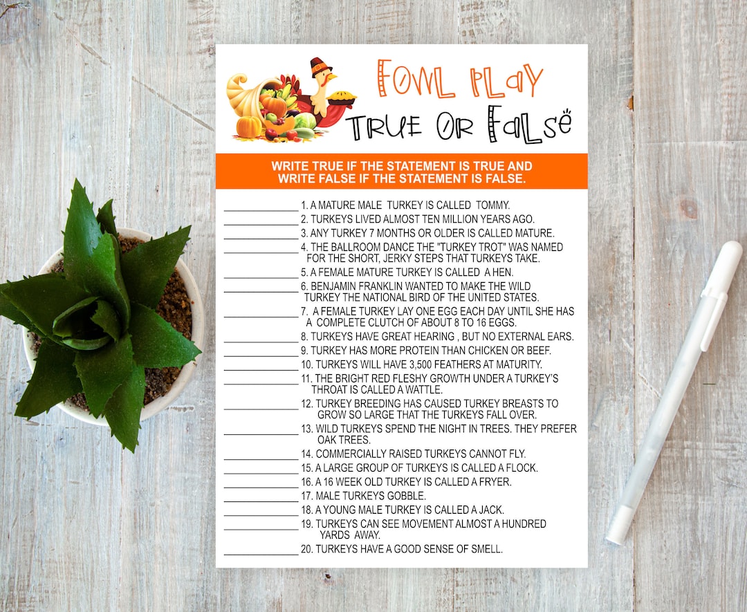 Thanksgiving Fowl Play True or False, Thanksgiving Game, Thanksgiving ...