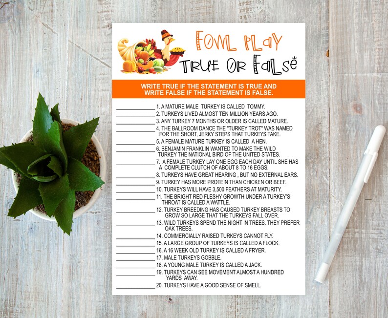 Thanksgiving Fowl Play True or False, Thanksgiving Game, Thanksgiving ...