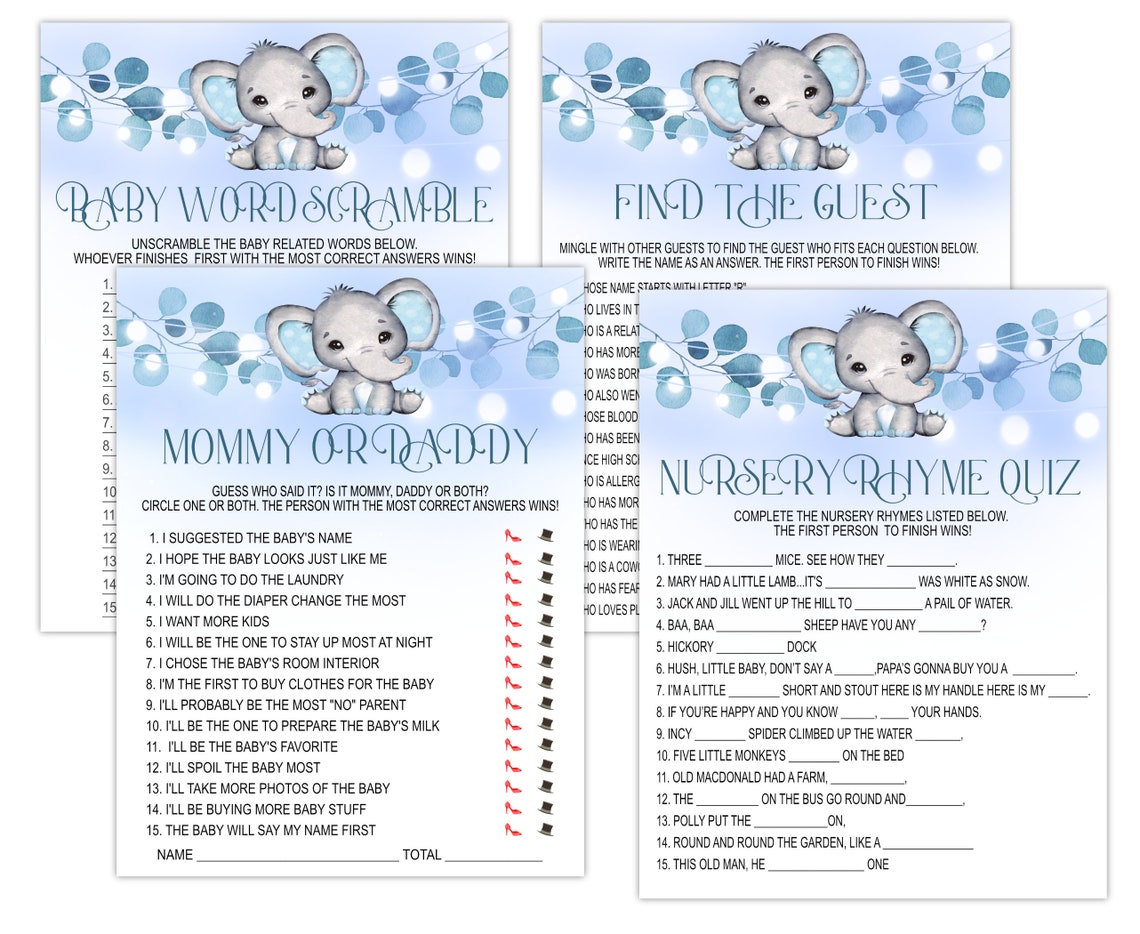 Boy Elephant Baby Shower Games Blue Elephant Baby Shower | Etsy