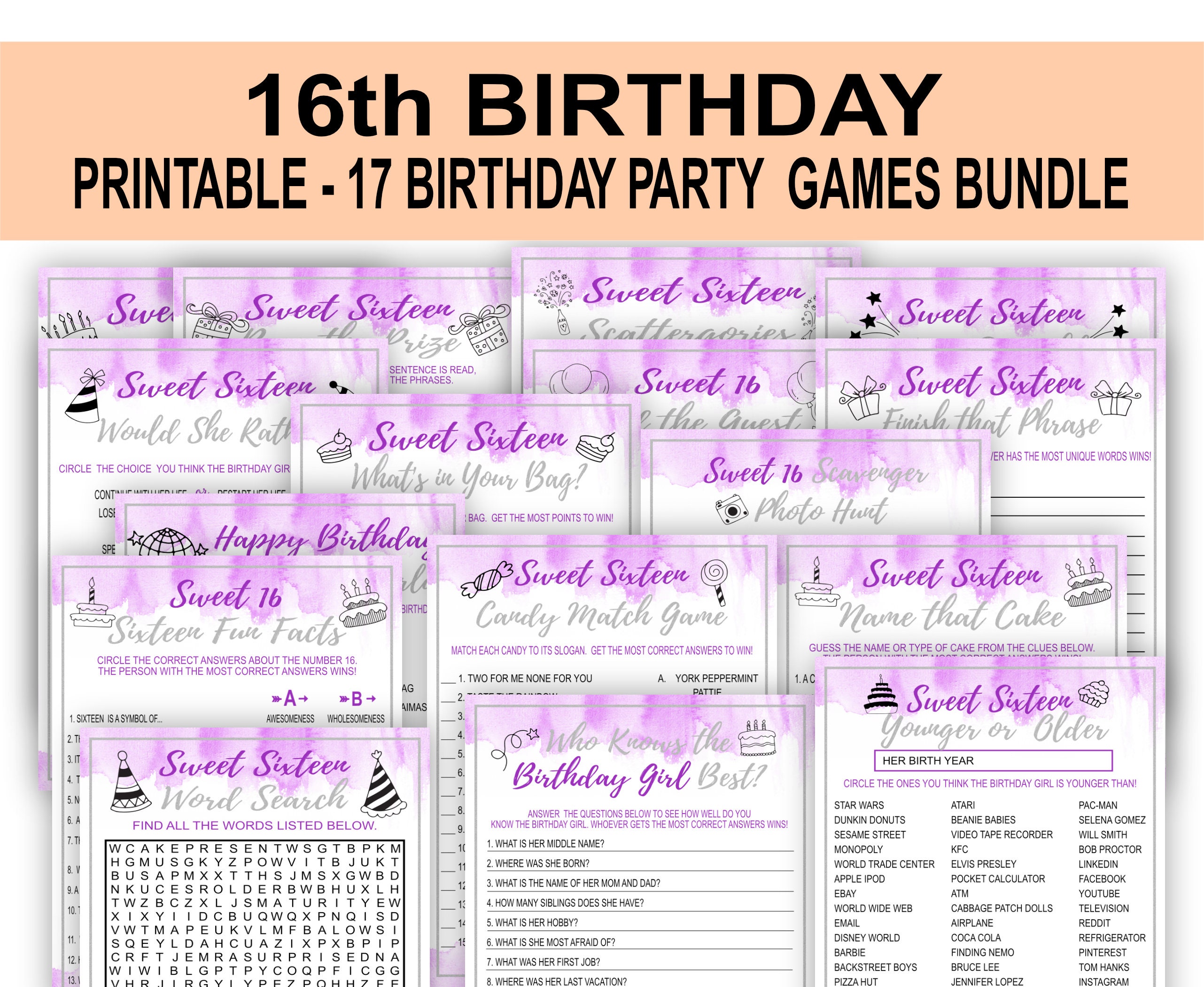 Purple 16th Birthday Party Games Sweet Sixteen Birthday | Etsy