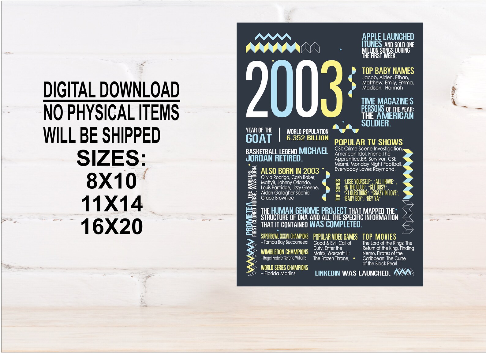2003 Birthday Year Poster, 23rd Anniversary Gift (printable Download ...