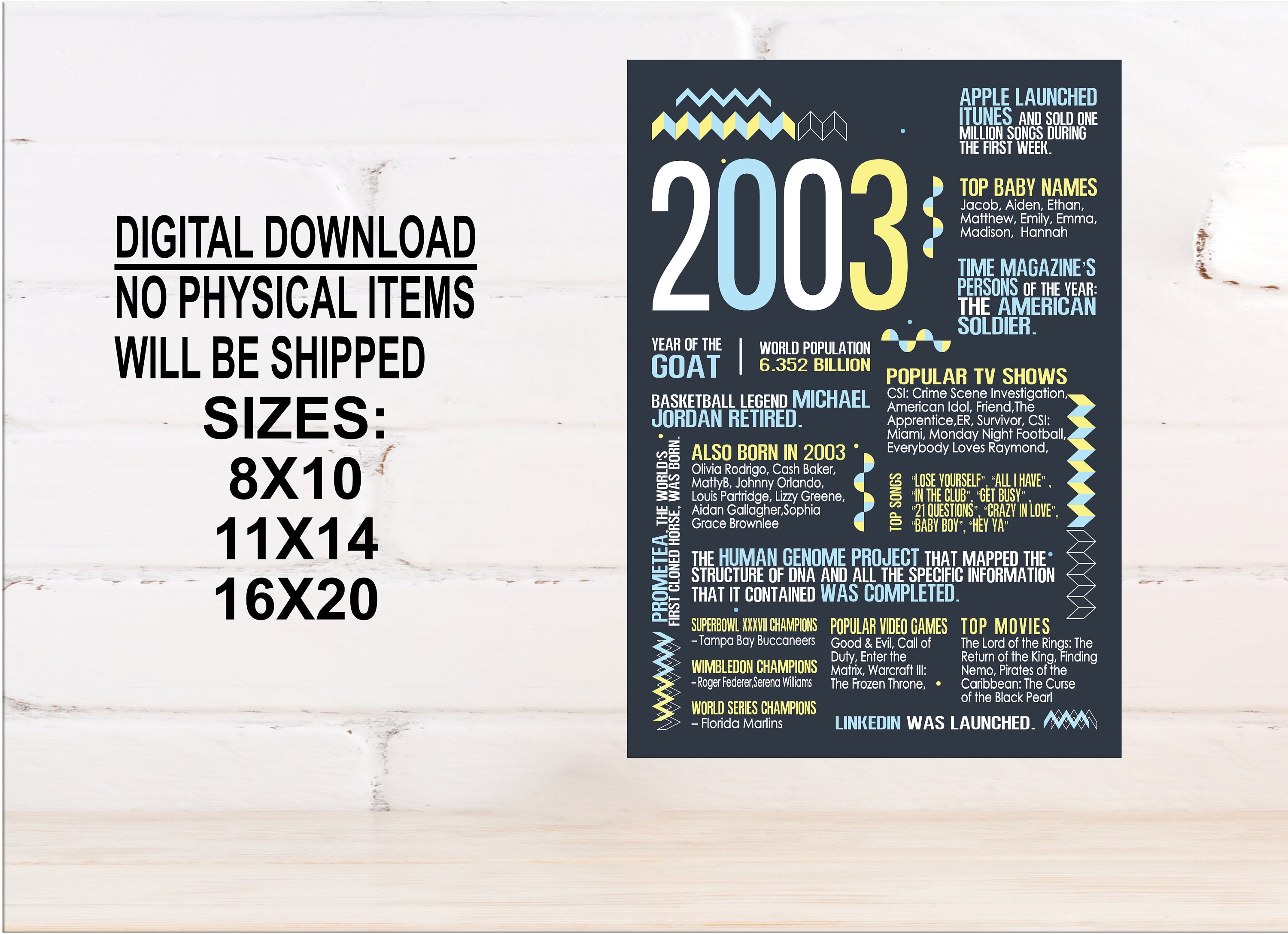 2003 Birthday Year Poster, 23rd Anniversary Gift (printable Download ...