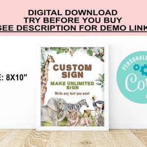 Editable Jungle Custom Sign PRINTABLE Jungle Animals Wild Party Animals ...