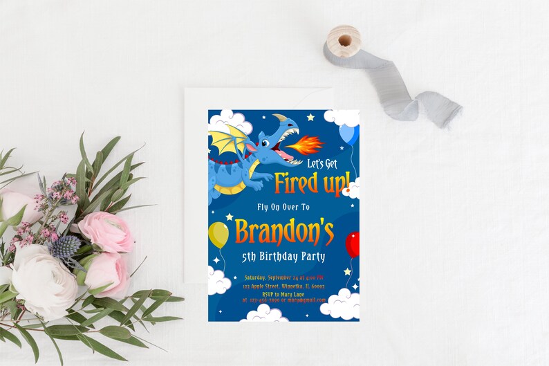 Editable Blue Dragon Birthday Invitation Boy Dragon Birthday Party ...