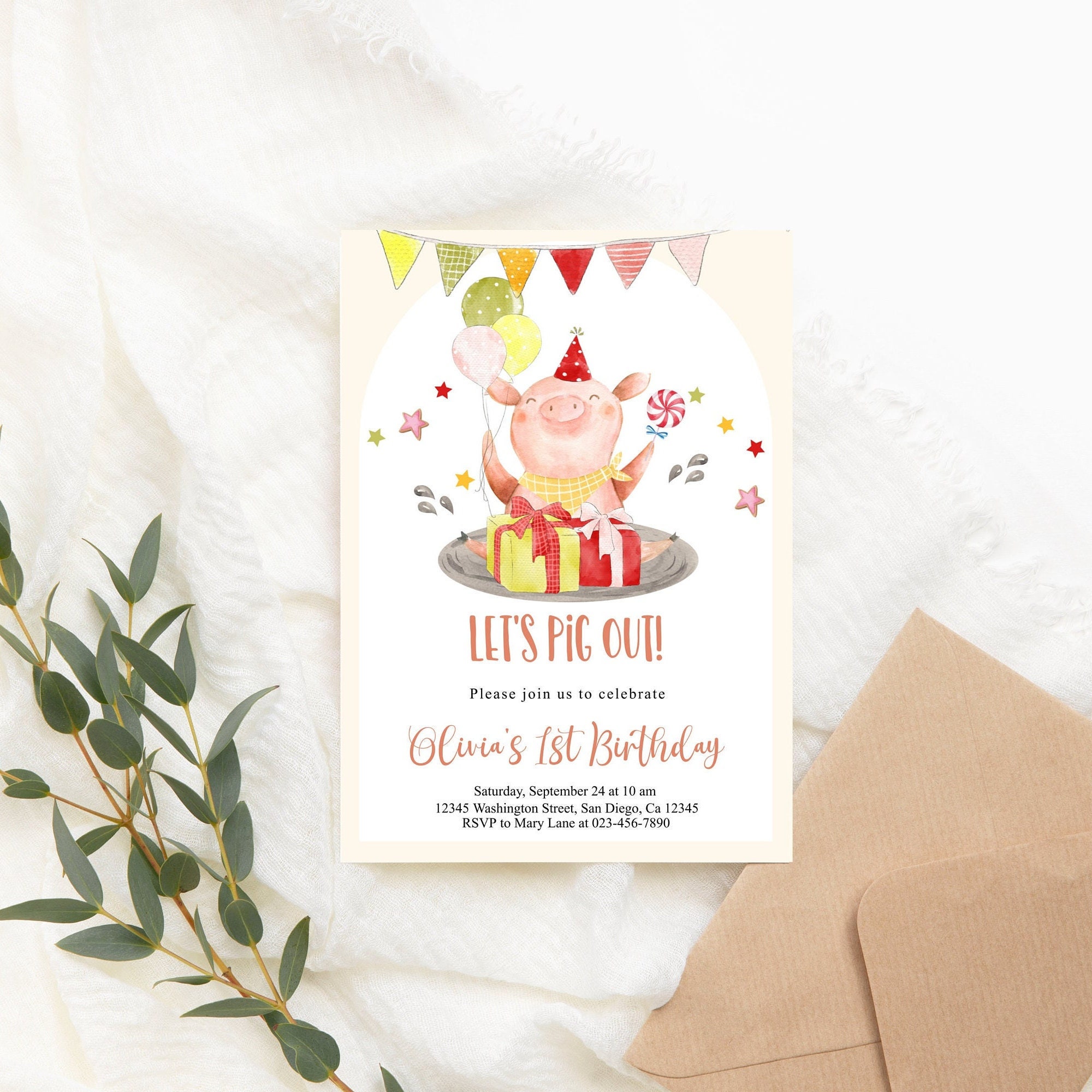 Editable Pig Birthday Party Invitation Pig Invite Happy Cute Little Pig ...