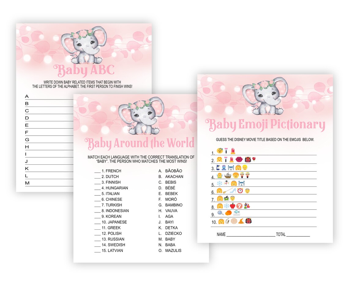 Pink Elephant Theme Baby Shower Game Bundle Pack, Pink Elephant ...