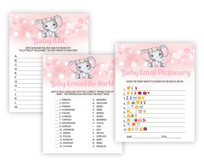 Pink Elephant Theme Baby Shower Game Bundle Pack, Pink Elephant ...