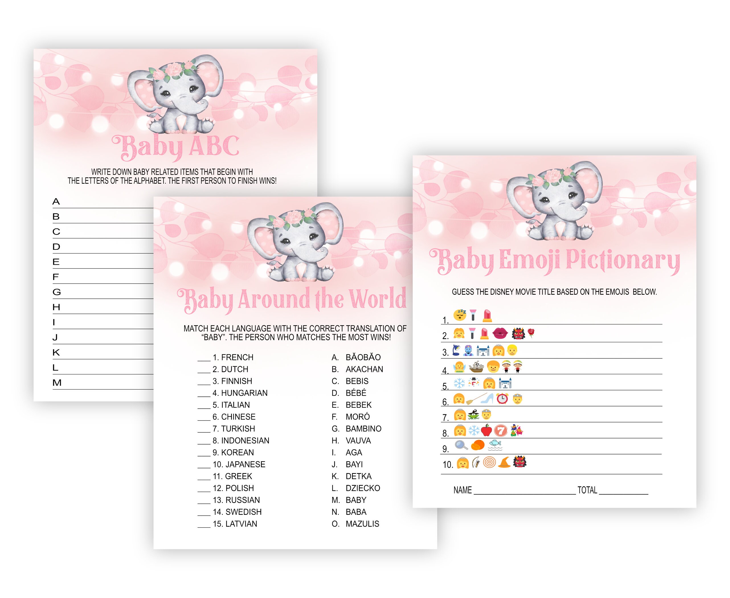 Pink Elephant Theme Baby Shower Game Bundle Pack Pink | Etsy