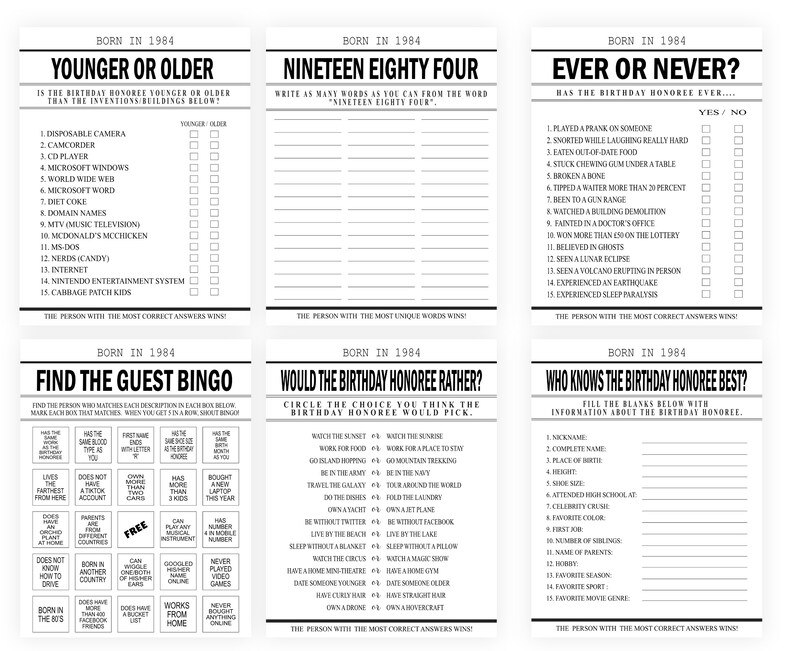 42nd Birthday Games, Printable Born in 1984 Party Activities Bundle ...