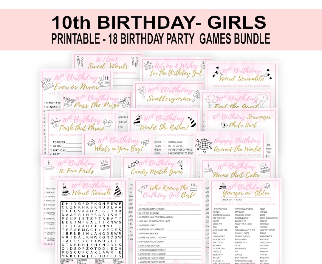 10th Birthday Party Games for Girls Printable Tenth Birthday Party ...