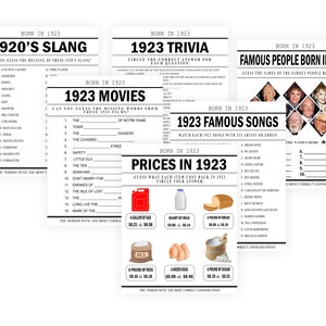102nd Birthday Party Games Born in 1923 Games Bundle 1923 Trivia Fun ...