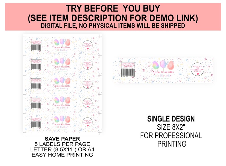 Editable Cotton Candy Water Bottle Label Pink Sweet Cotton - Etsy