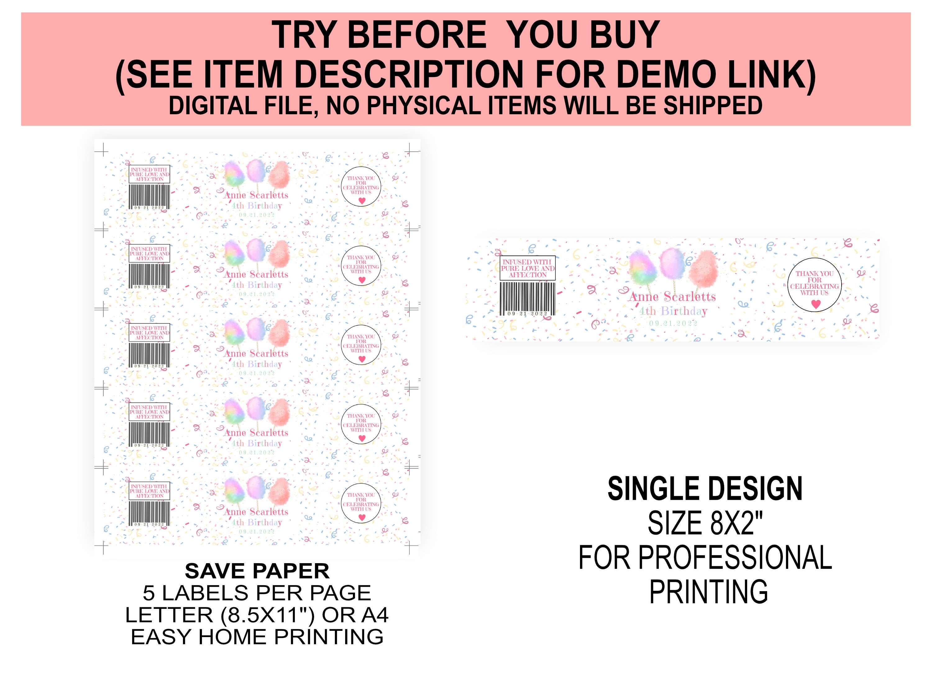 Editable Cotton Candy Water Bottle Label Pink Sweet Cotton Candy Water ...