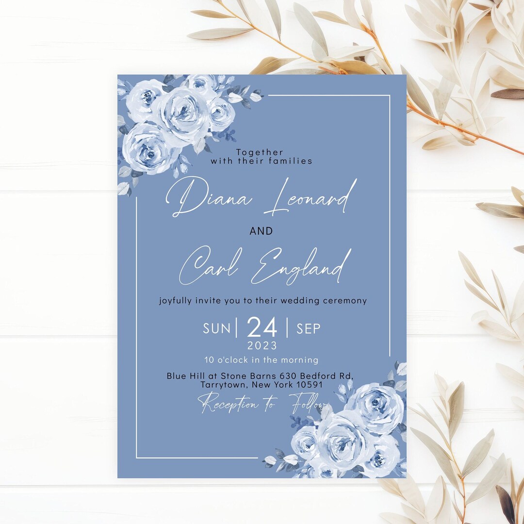 Editable Dusty Blue Invitation Wedding Invite Blue Floral Minimalist ...