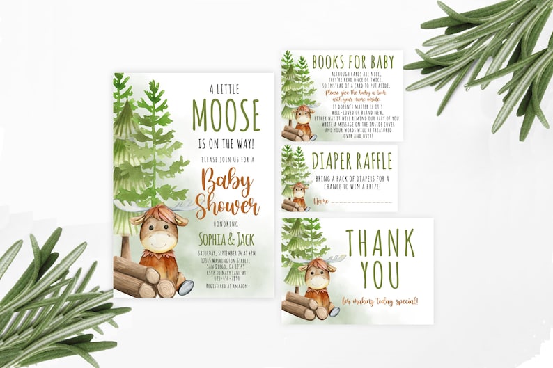 Editable Moose Baby Shower Invitation Set PRINTABLE Antler Charm Gender ...