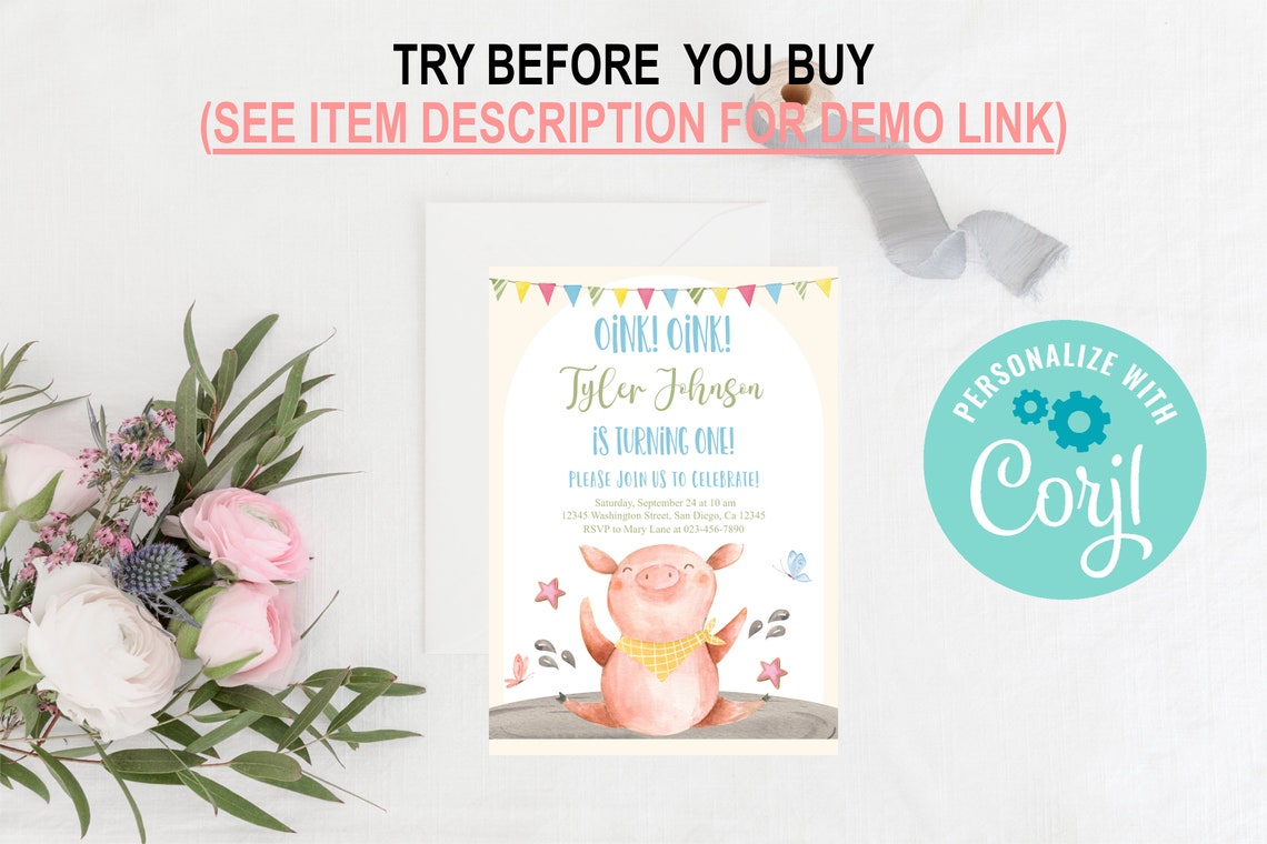 Editable Pig Birthday Invitation Pig Birthday Party Invite Cute Little ...