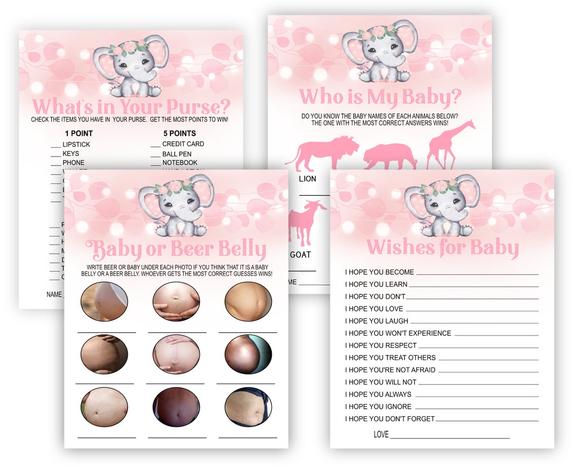 Pink Elephant Theme Baby Shower Game Bundle Pack, Pink Elephant ...