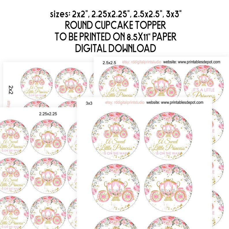 Princess Carriage Cupcake Toppers: Pink Floral Baby Shower (digital ...