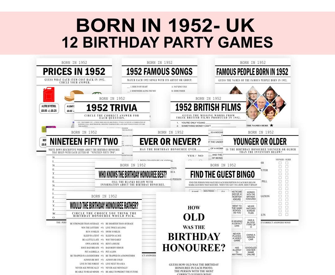 72nd Birthday Party Games British Born in 1952 Birthday Games Bundle UK ...