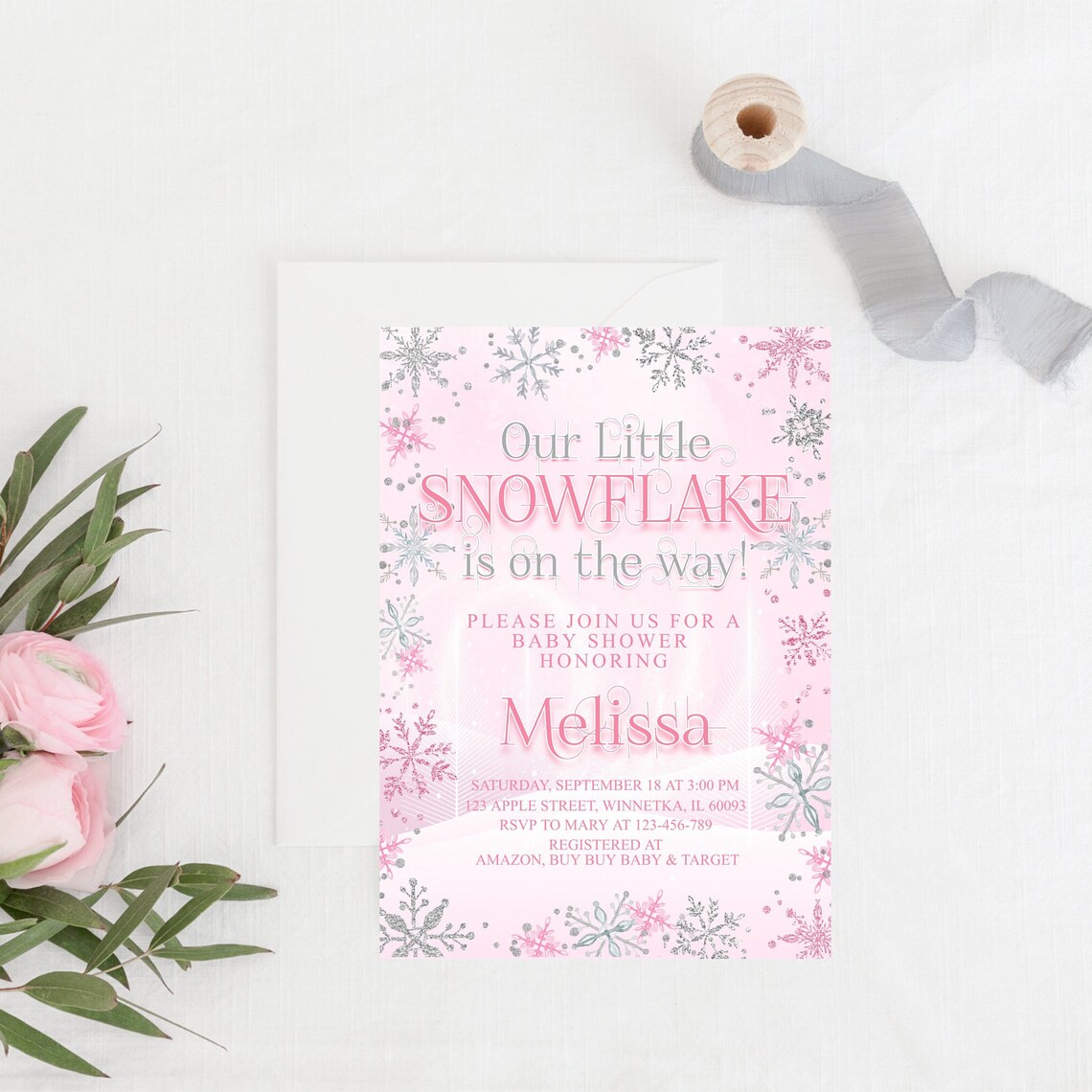 Editable Pink Snowflake Invitation Baby Shower Pink Girl Gray | Etsy