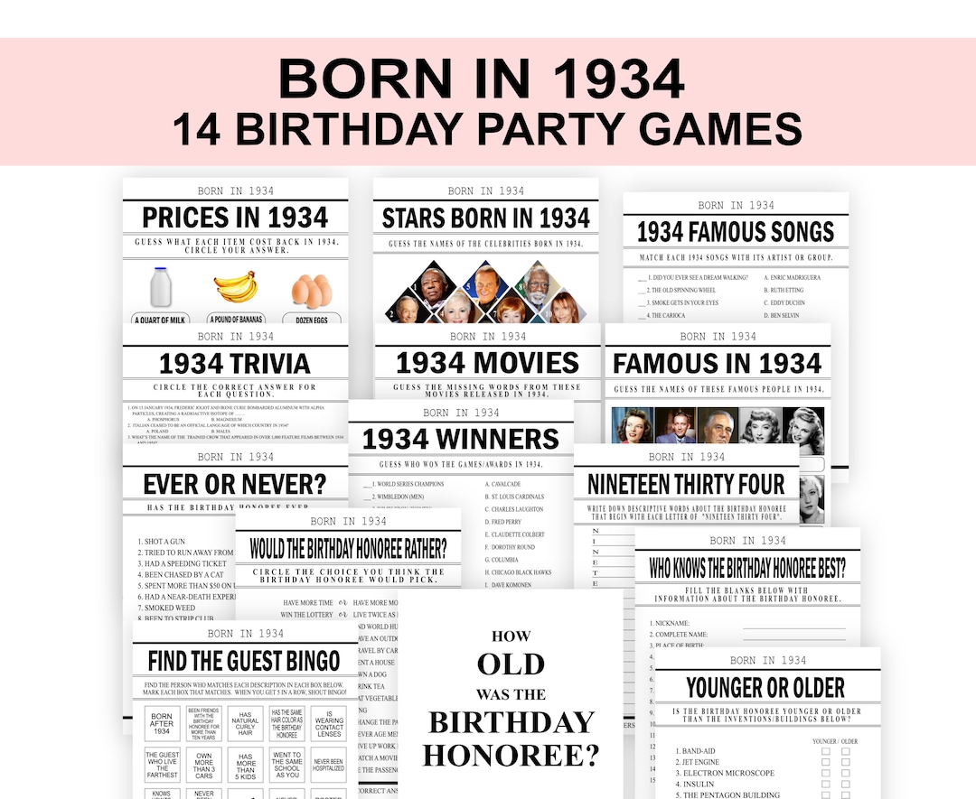 91st Birthday Party Games Born in 1934 Birthday Games Bundle 1934 ...