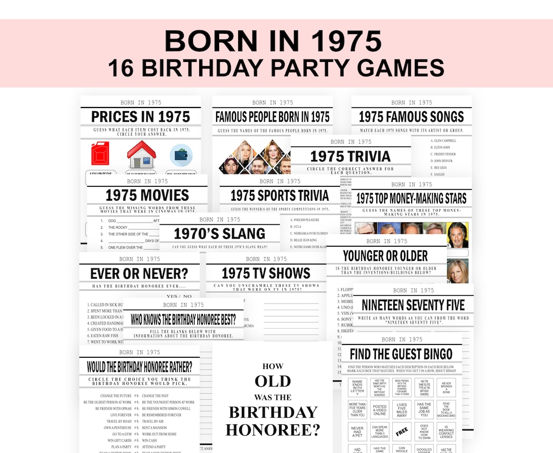 50th Birthday Party Games Born in 1975 Games Fun Activity Bundle 50th Milestone Celebration 1975 ...