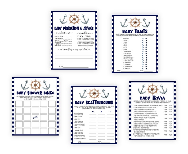 Nautical Baby Shower Game Bundle Blue Nautical Shower Games Navy Blue ...
