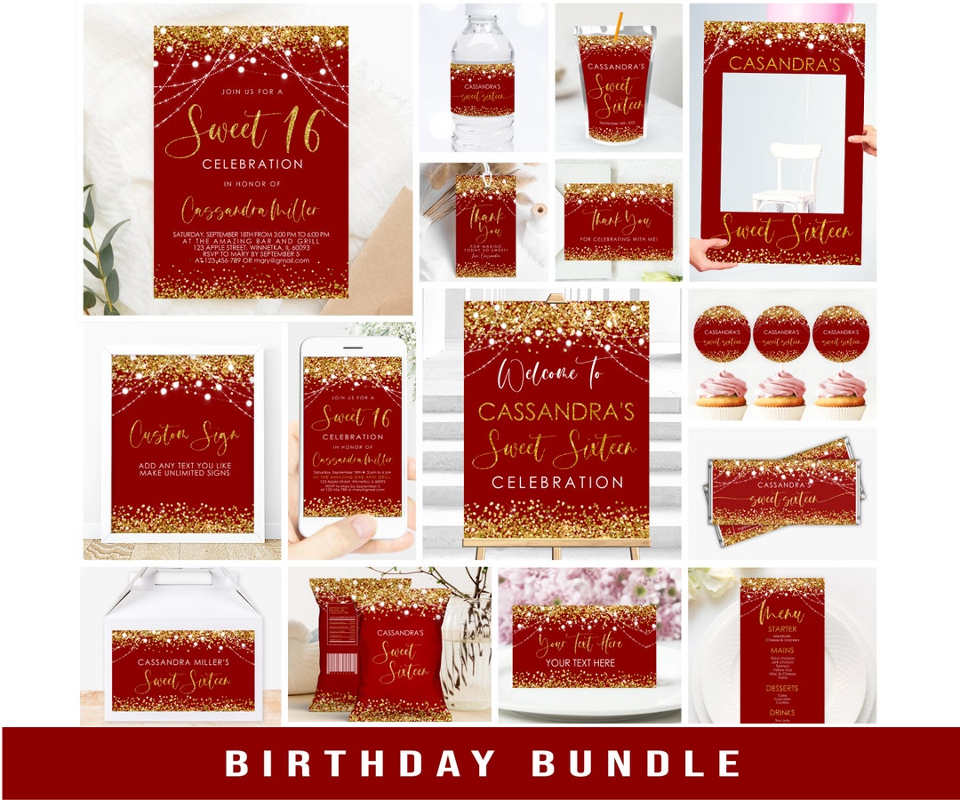 Editable Red Gold Birthday Invitation Party Bundle Gold Glitter Sweet