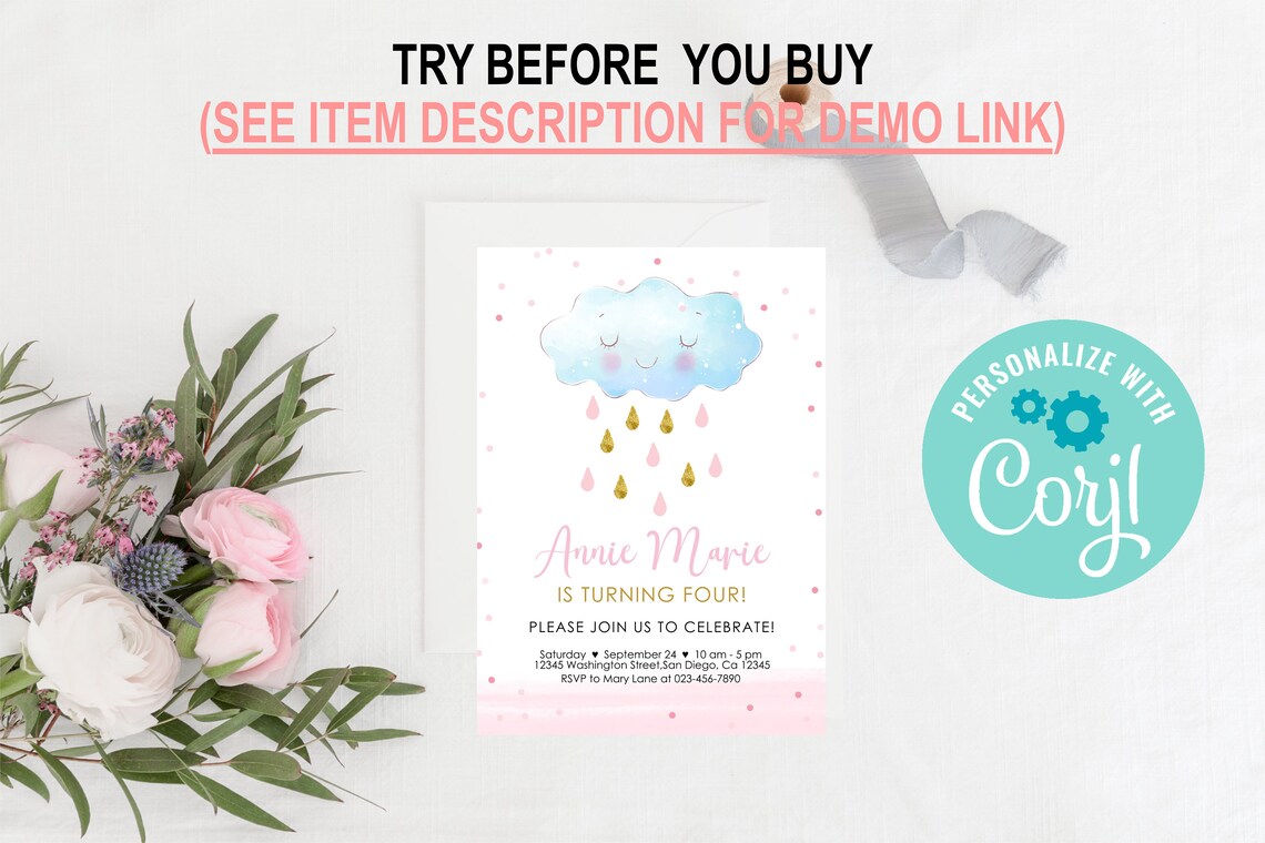 Editable Rain Birthday Invitation Cloud Rain Pink Birthday - Etsy