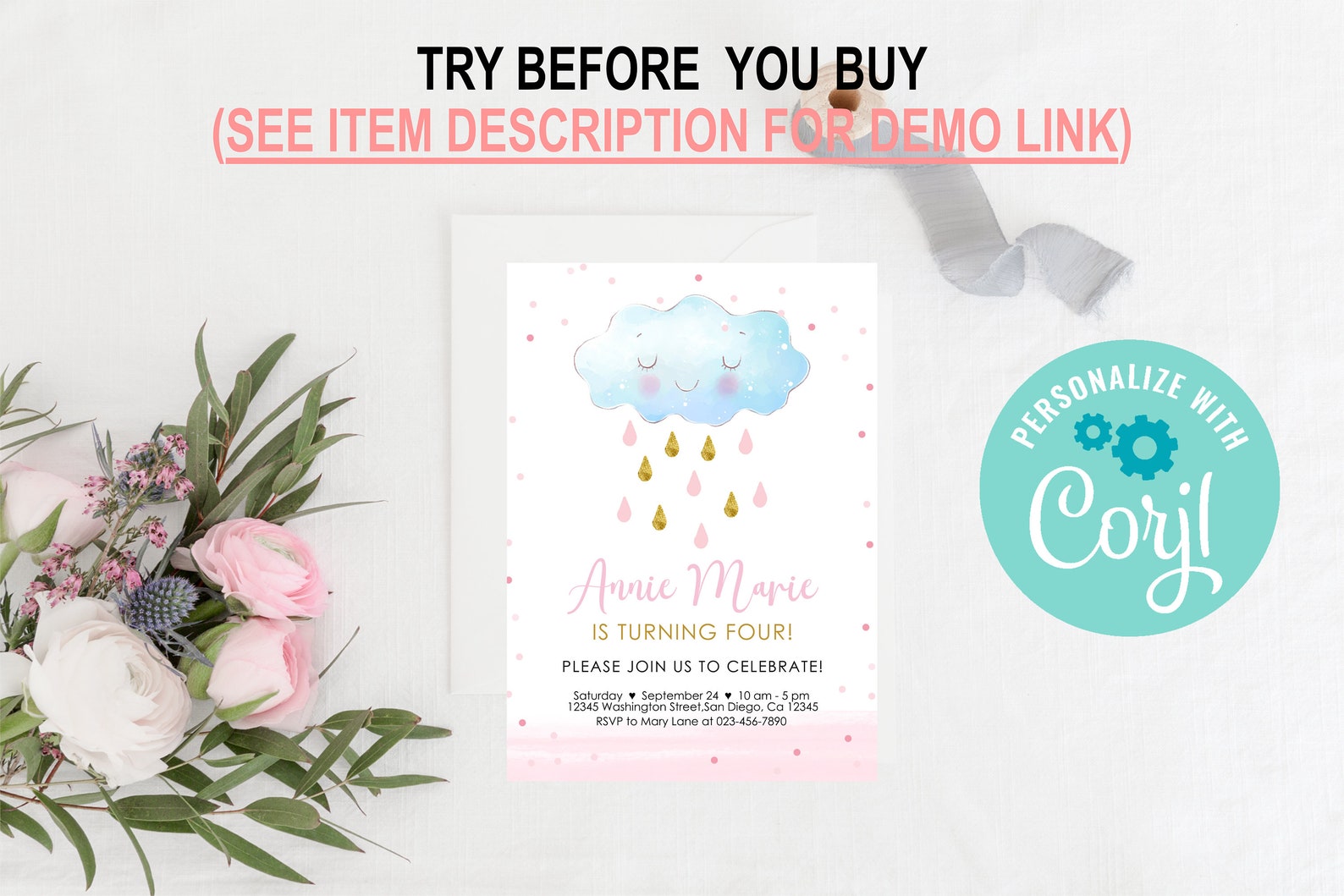 Editable Rain Birthday Invitation Cloud Rain Pink Birthday Invite ...