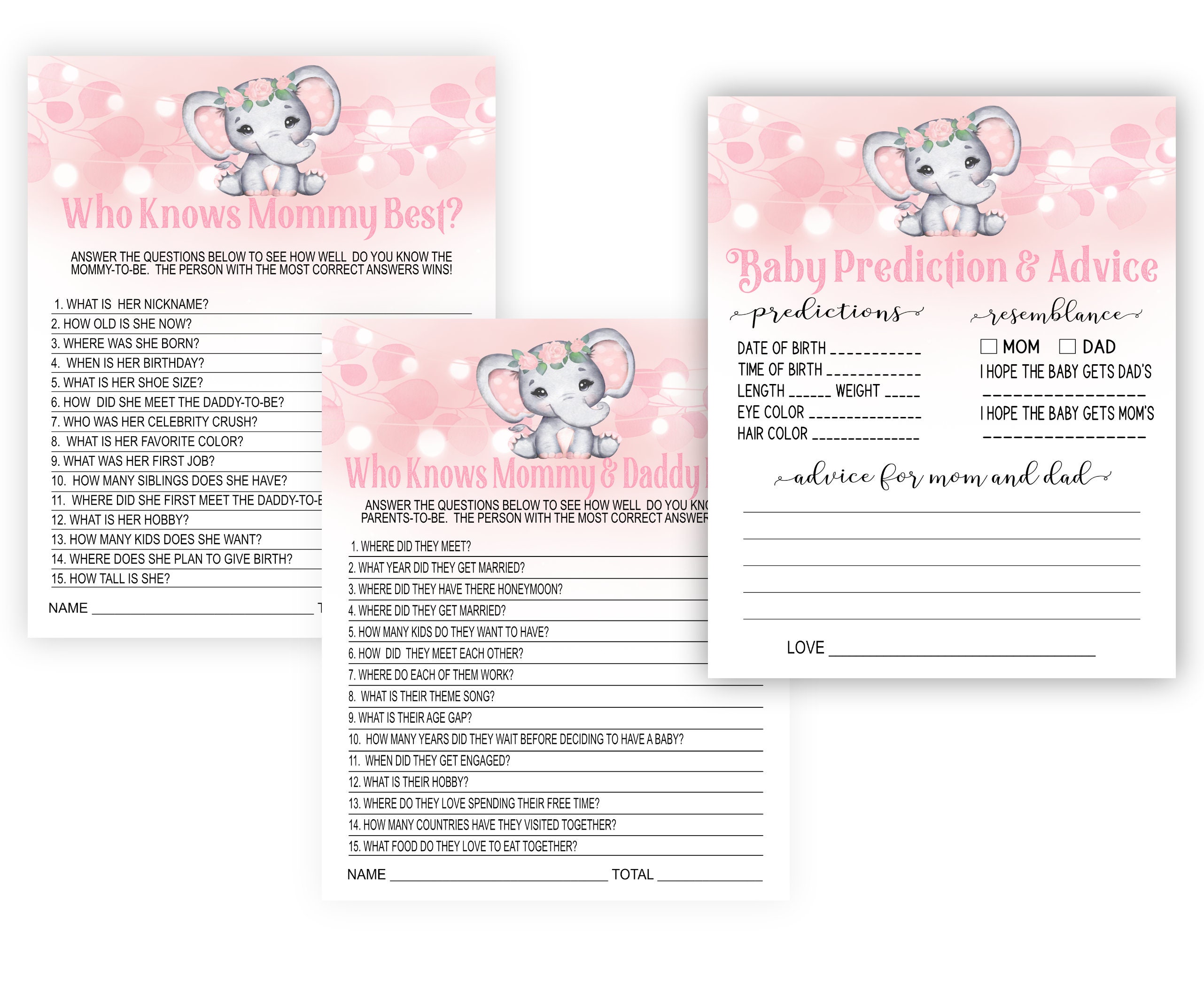 Pink Elephant Theme Baby Shower Game Bundle Pack Pink | Etsy