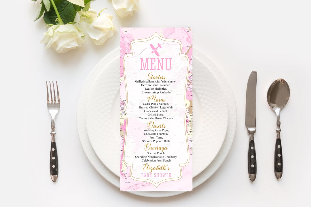 Editable Travel Menu Card Pink Adventure Gold Event Menu Baby Shower ...