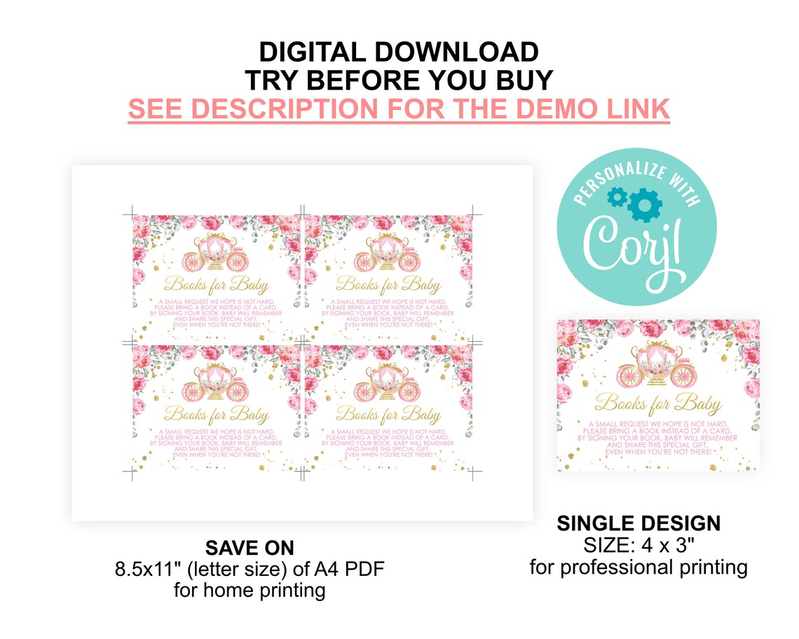 Editable Princess Baby Shower Invitation Set PRINTABLE Princess Floral ...