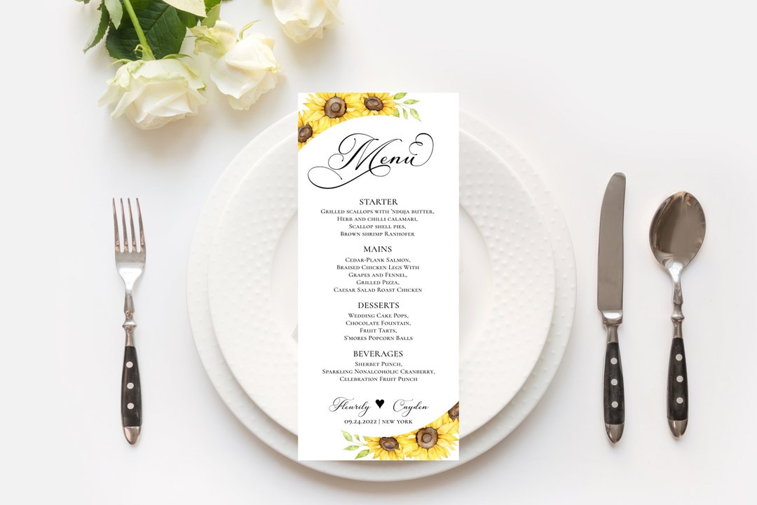 Editable Sunflower Menu Card Label Wedding Flat Baby Shower - Etsy