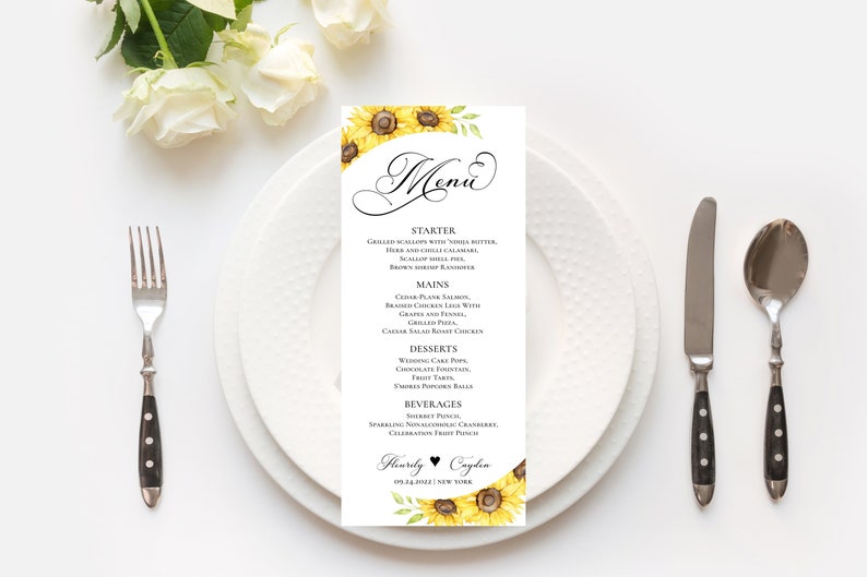 Editable Sunflower Menu Card Label Wedding Flat Baby Shower - Etsy