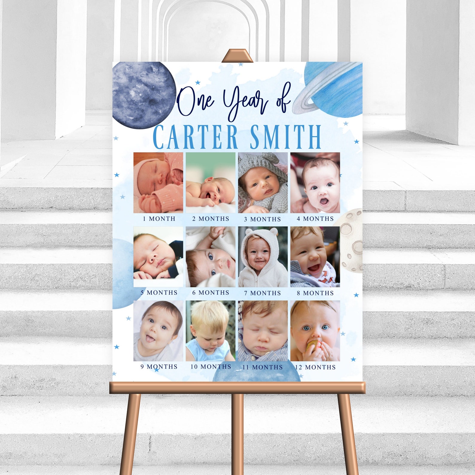 Editable Blue Outer Space Baby's First Year Poster Milestone Galaxy ...