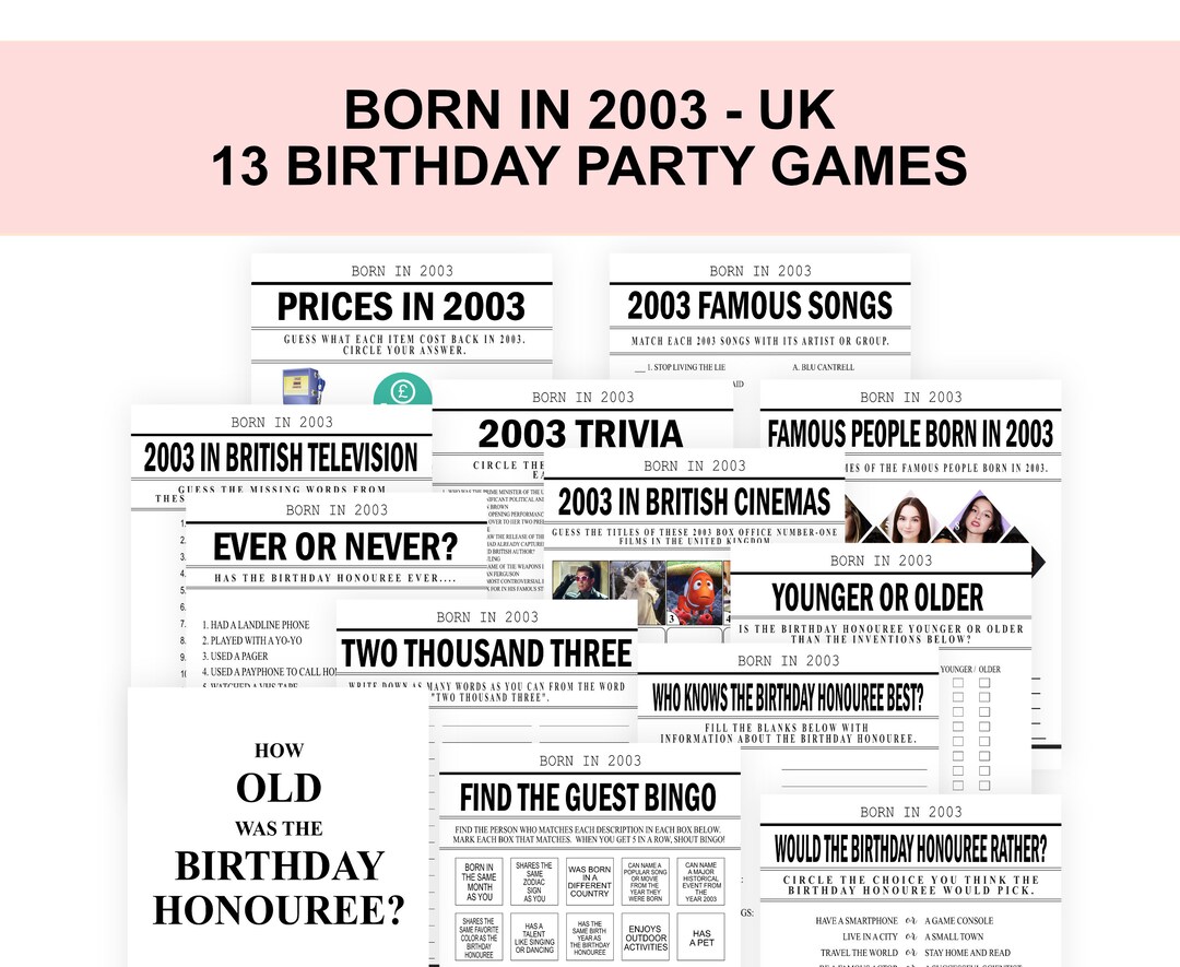 23rd Birthday Party Games, Born in 2003 Trivia Bundle Pack, UK British ...