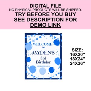 Editable Blue Welcome Sign Birthday Party Blue Balloons Welcome Sign ...