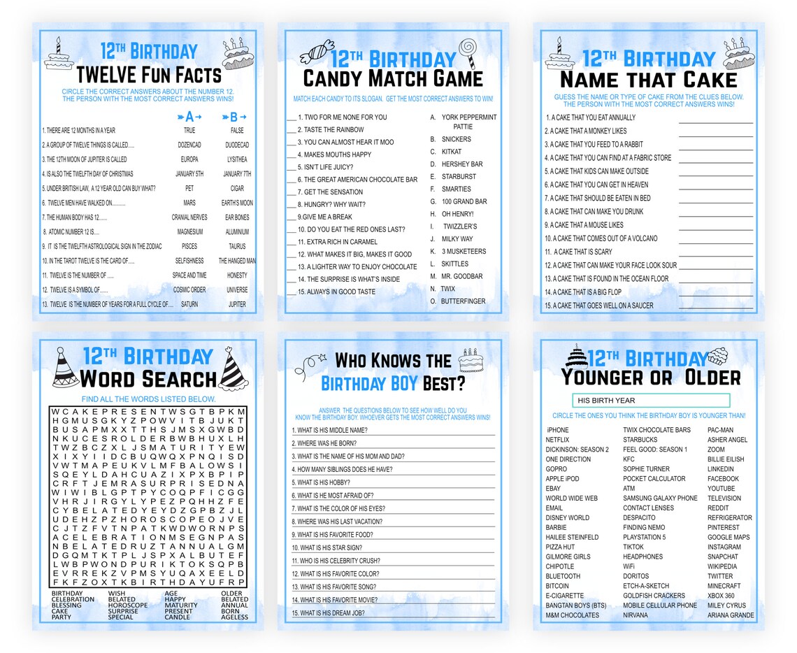 12th Birthday Party Games for Boys Twelve Birthday Game | Etsy