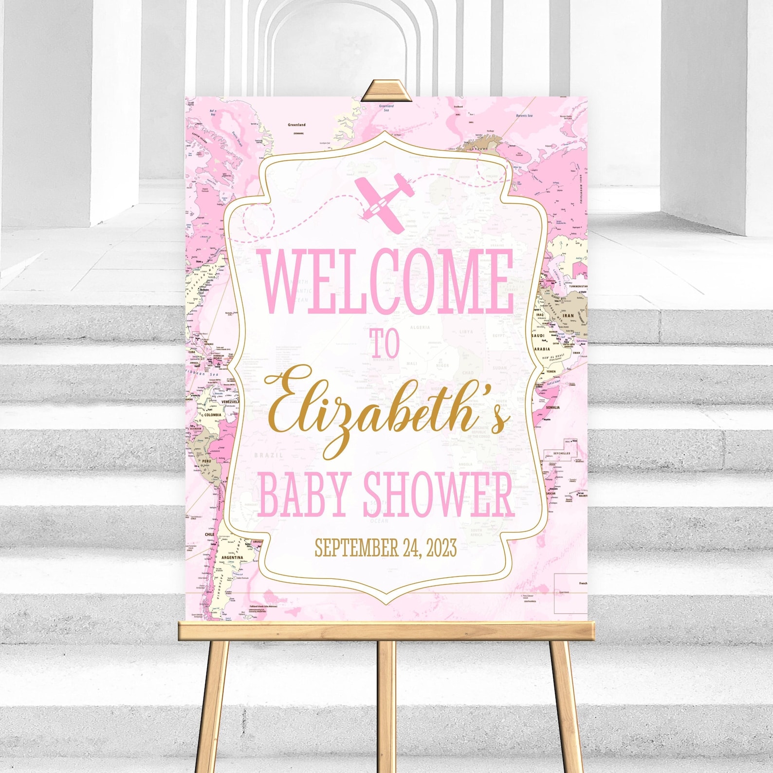 Editable Travel Welcome Sign Party Pink Girl Adventure Airplane Map ...