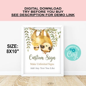 Editable Custom Sloth Baby Shower Sign Decor Party Table Decor Sign ...
