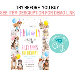 Editable Dogs Birthday Party Invitation Puppy Pawty Invite Dog Shelter ...